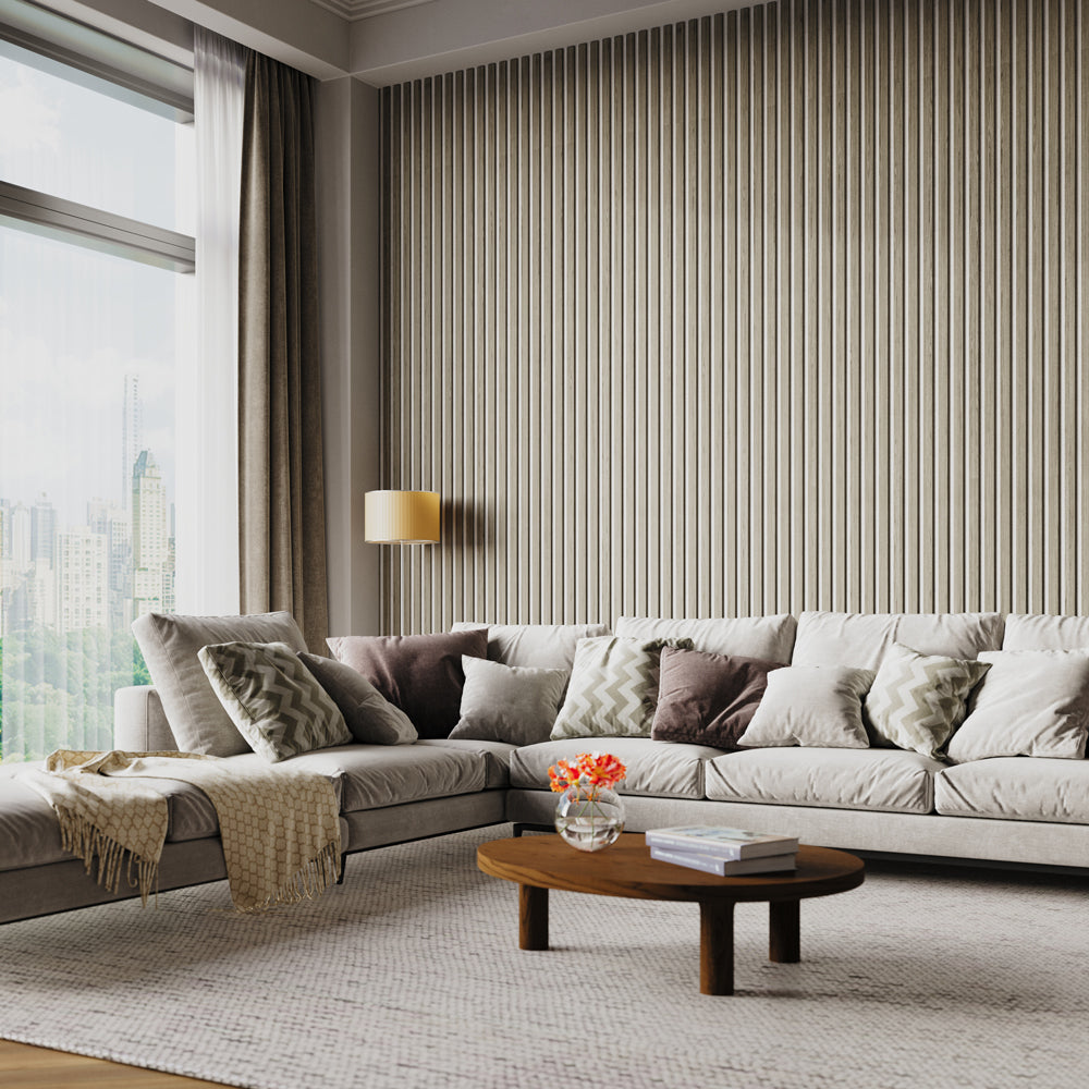 Taupe Oak Acoustic Wall Panels With Pure-White Accents Interior Soundp ...
