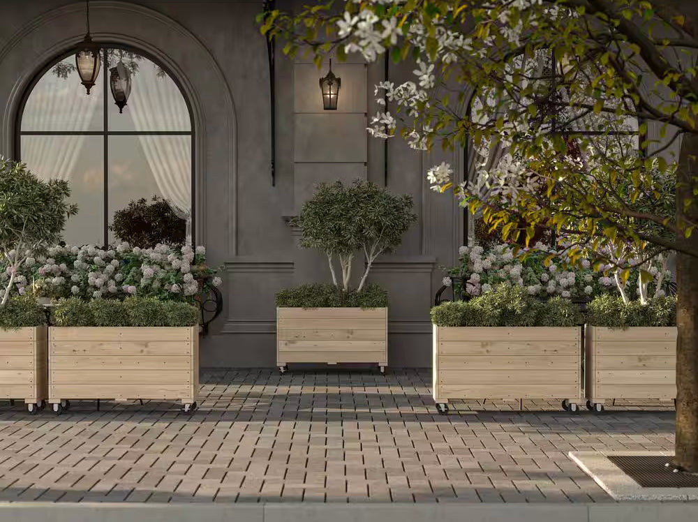 Unfinished Wooden Planter Box With Wheels Heavy-Duty Casters Rolling R ...